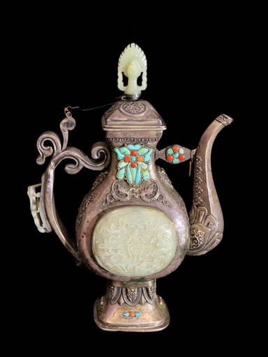 Tibetan Silver And Jade Wine Pot