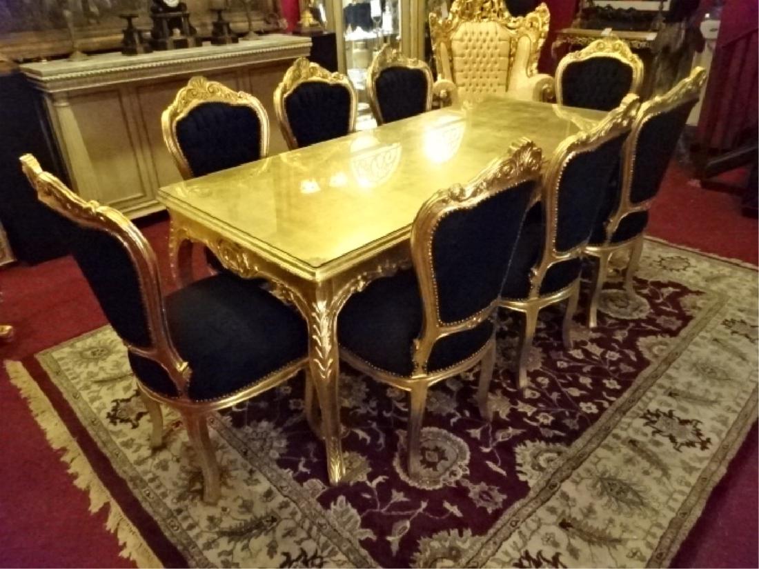 9 PC ROCOCO STYLE GOLD GILT WOOD DINING SET, TABLE AND