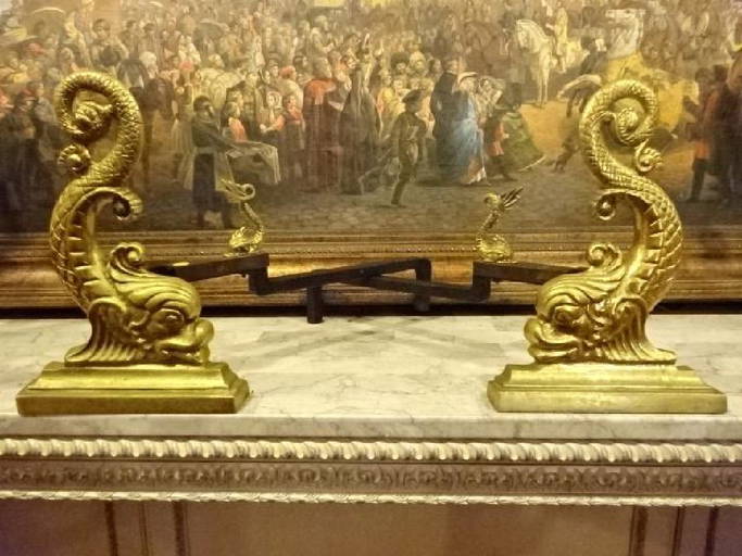 Pair Virginia Metalcrafters Brass Dolphin Andirons With