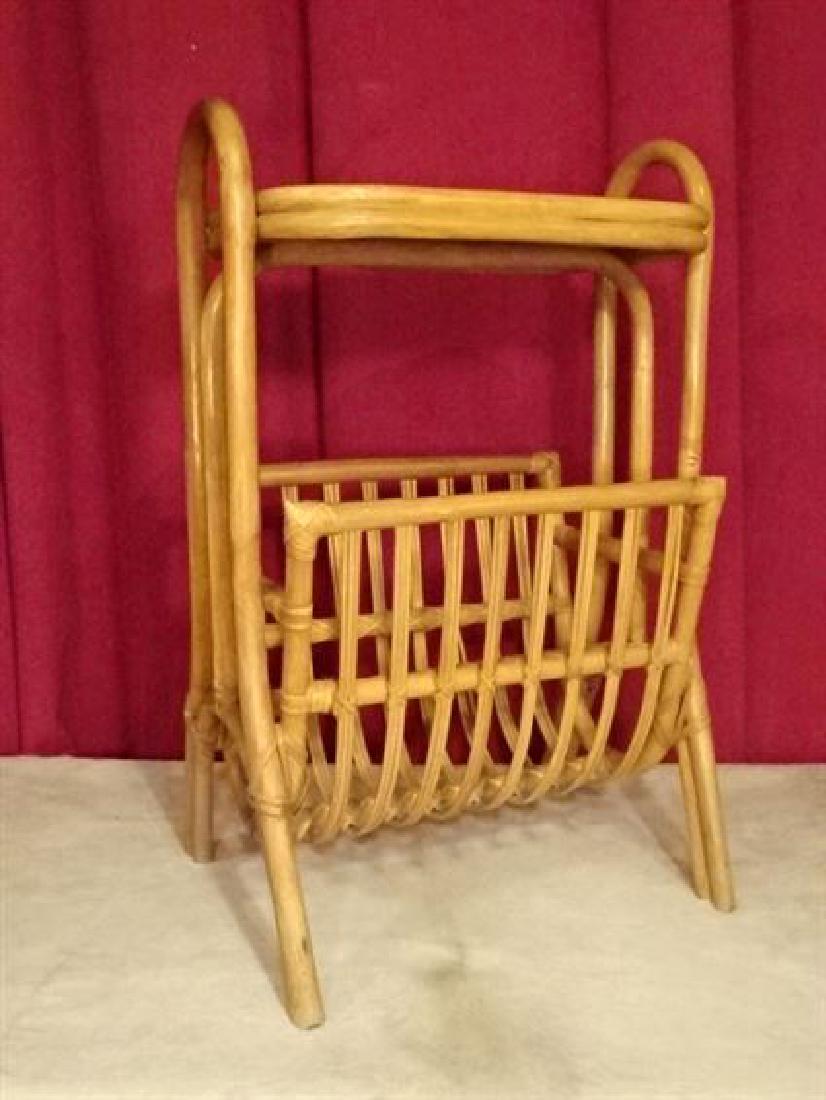 MID CENTURY WOOD AND RATTAN TABLE, MAGAZINE RACK