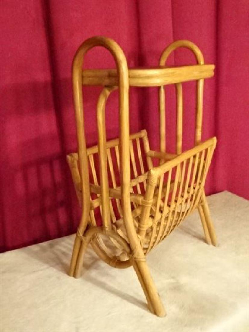 MID CENTURY WOOD AND RATTAN TABLE, MAGAZINE RACK