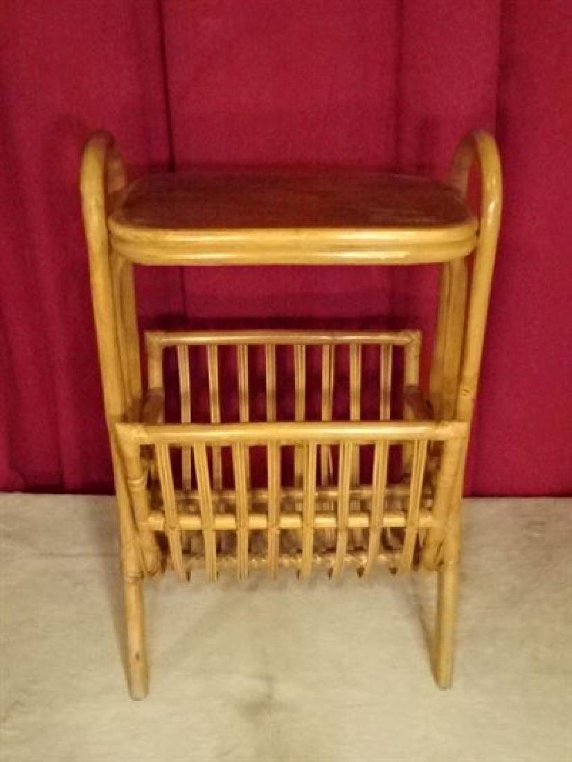 MID CENTURY WOOD AND RATTAN TABLE, MAGAZINE RACK