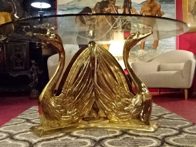 Brass Swan Dining Table, Mid Century, 3 Polished Brass