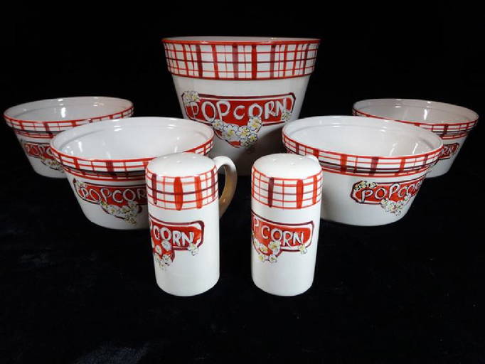 7 Pc Ceramic Popcorn Bowl Set, Includes One Large 9"h
