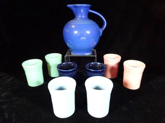 9 Pc Fiestaware Pitcher With 8 Tumblers, Blue Pitcher