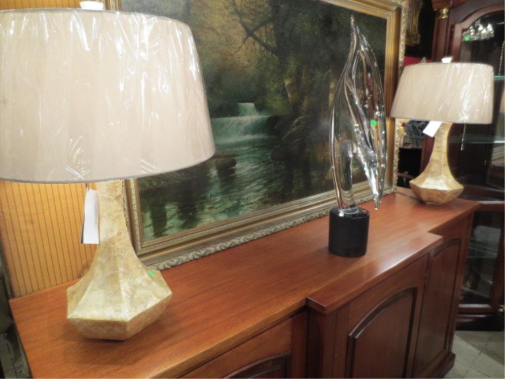 PAIR NEW DREXEL HERITAGE LAMPS, CAPIZ SHELL CLAD BASES,