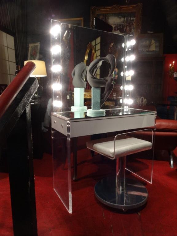 LUCITE VANITY WITH MARQUEE LIGHTS, MIRROR AND STOOL