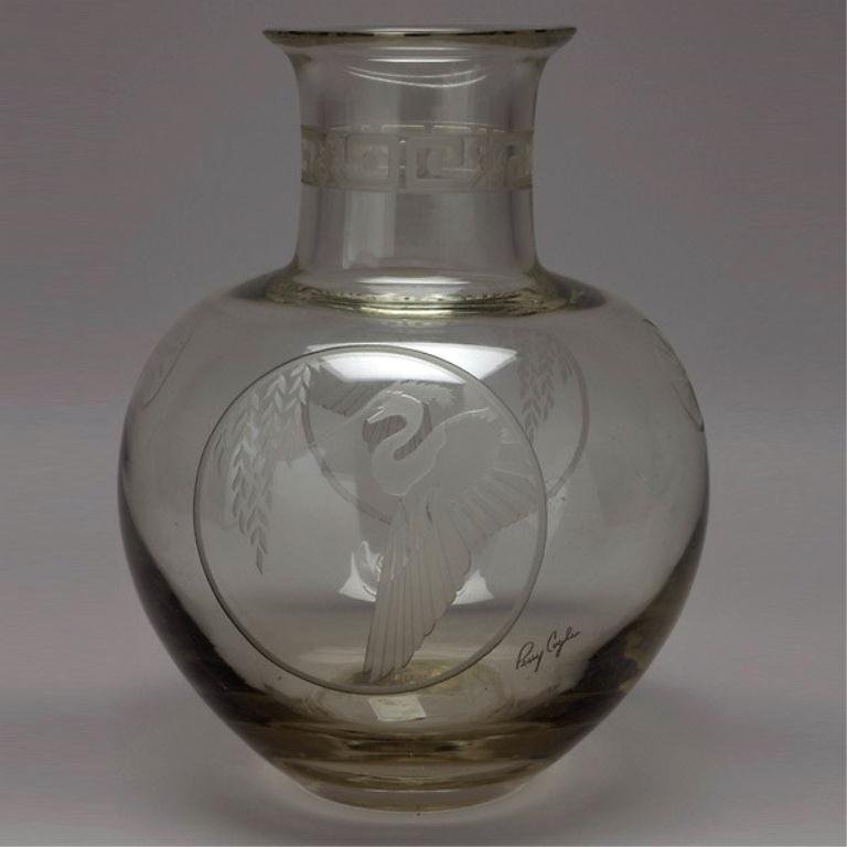 STUEBEN ARTIST PERRY COYLE ETCHED GLASS VASE, CRANE - Mar 04, 2014 ...