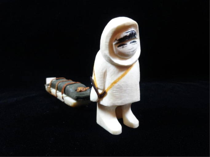 Arne Tjomsland Carved Whale Tooth Eskimo With Sled