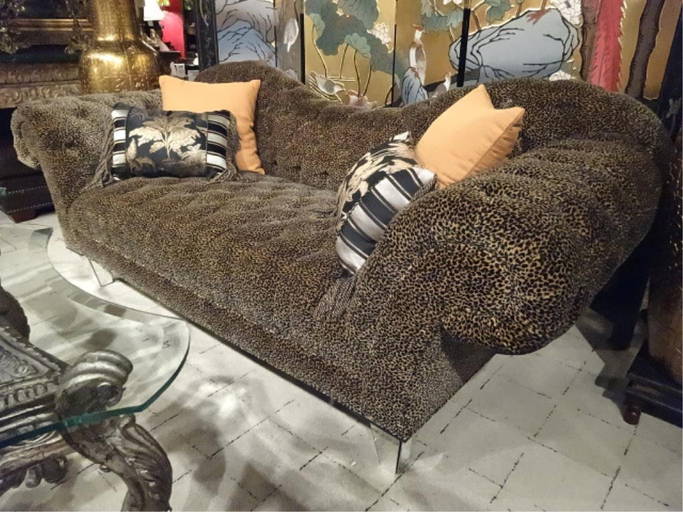 Tufted Cheetah Print Sofa, Mirrored Feet, Curved Arms