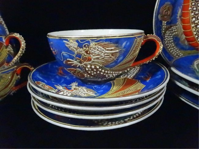 HANDPAINTED JAPANESE TEA SET, BLUE WITH DRAGON DESIGN, : Lot 19