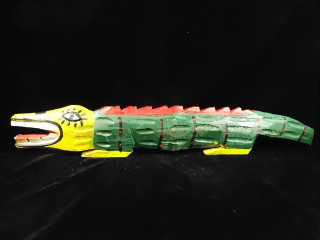 PAINTED CARVED WOODEN ALLIGATOR, FOLK ART SCULPTURE,
