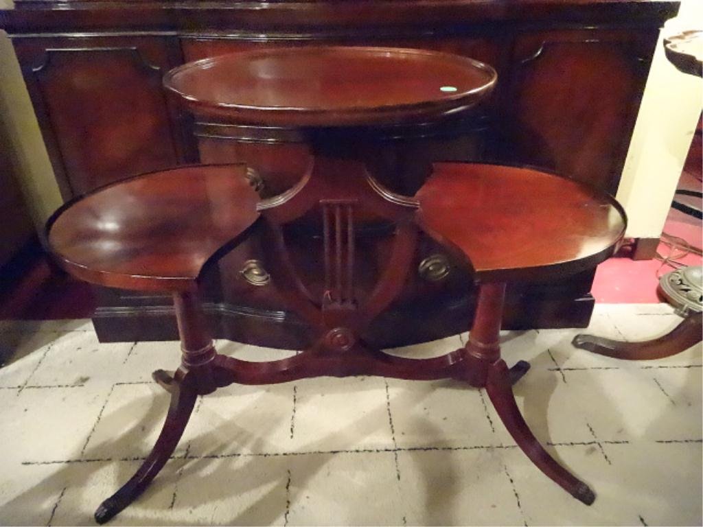 VINTAGE MERSMAN MAHOGANY 3 TIER TABLE, HARP BASE,