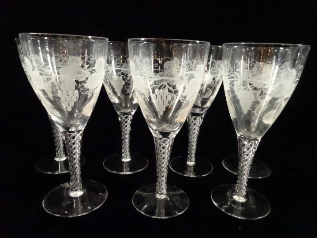 7 Stuart Crystal Wine Glasses, Air Twist Stem, Etched