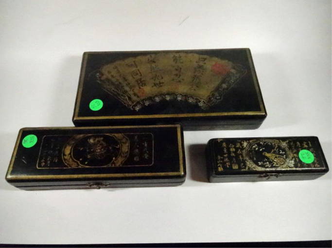 3 Pc Asian Boxes With Calligraphy Interiors, Smallest