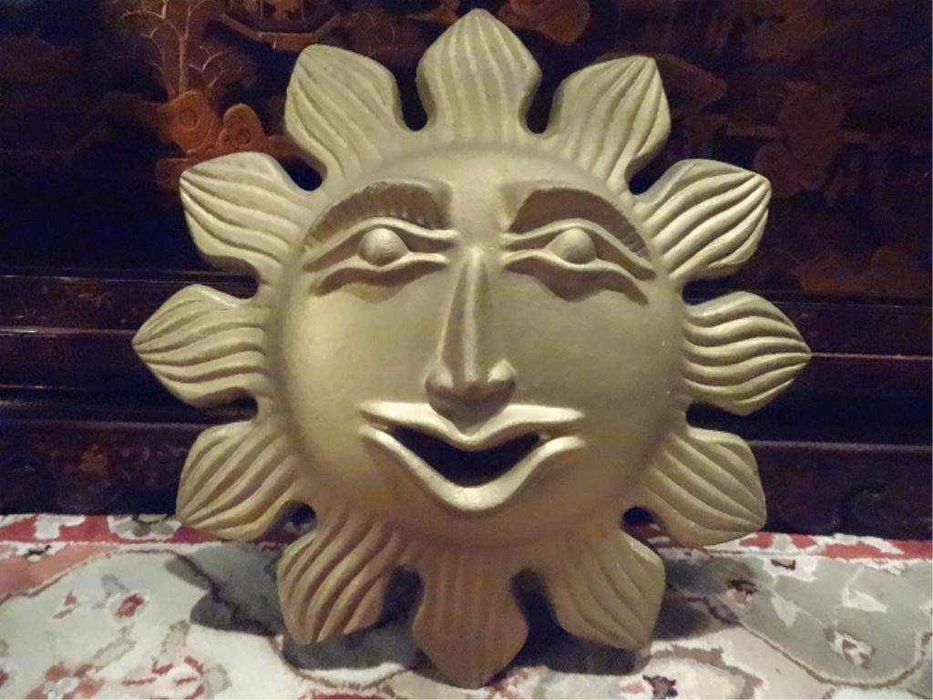 SMILING SUN WALL PLAQUE, GOLD PAINTIED TERRA COTTA,