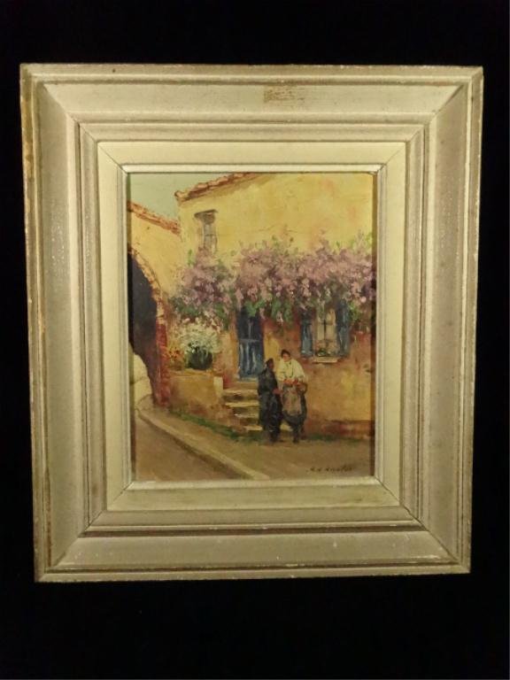 R.U. RINALDI OIL ON CANVAS PAINTING, VILLAGE SCENE WITH