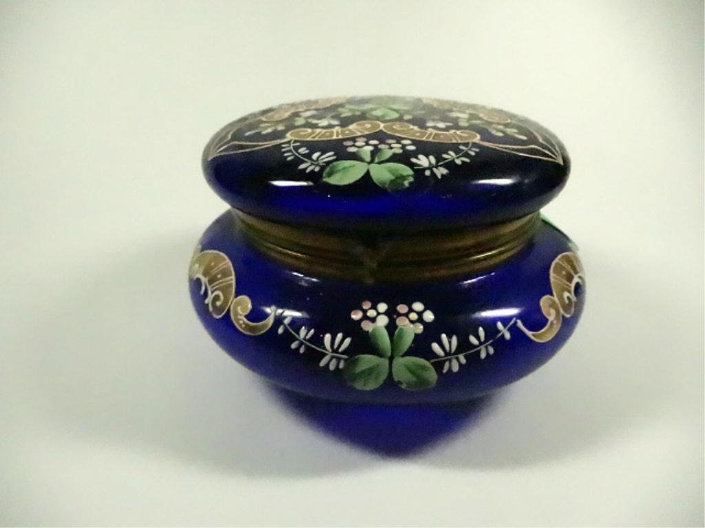 Vintage Cobalt Glass Powder Box, Painted Floral Design,