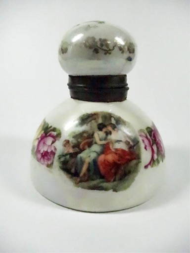 Vintage Porcelain Inkwell, Iridescent, Scene Of Two