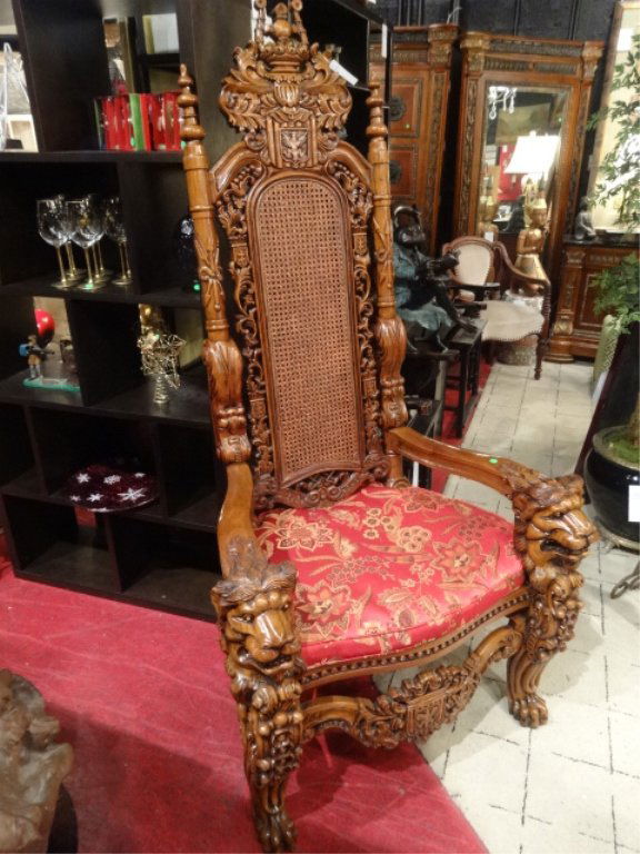 Monumental Carved Wood Throne Chair, Lion Arms,
