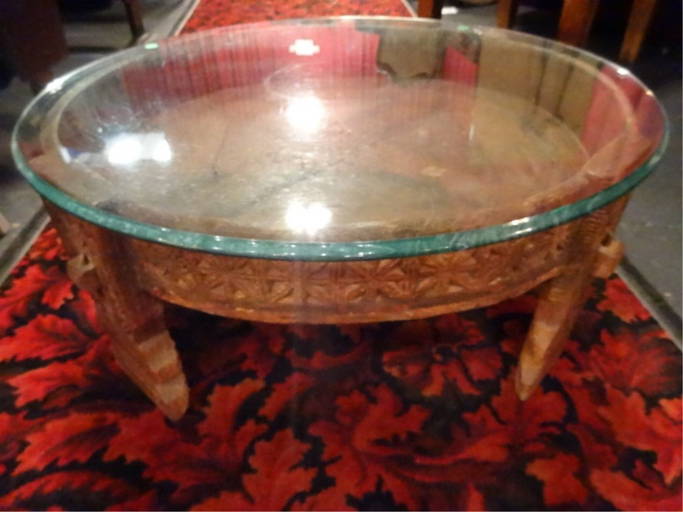 Round Asian Carved Wood Vitrine Coffee Table, With