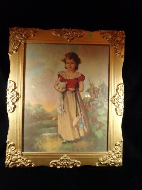 Vintage Jane Freeman Print, "chums", Girl Holding Cat,