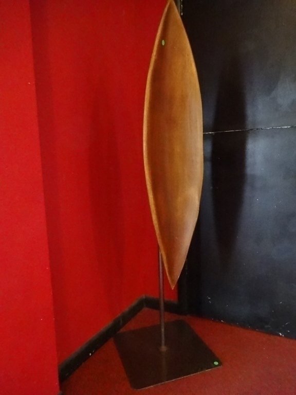 LARGE WOOD AND METAL SCULPTURE, CONCAVE WOOD SHIELD