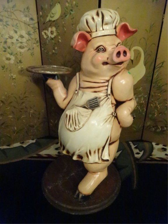 LARGE PIG CHEF BUTLER STATUE, HOLDING TRAY, PAINTED