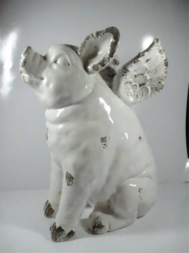 Ceramic Flying Pig Sculpture, Approx 14.5"h