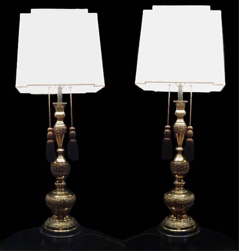 Pair Tall Turkish Brass Lamps, Embossed Designs, Wood