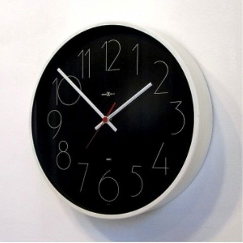 Howard Miller Round Wall Clock, Black Face, White Metal