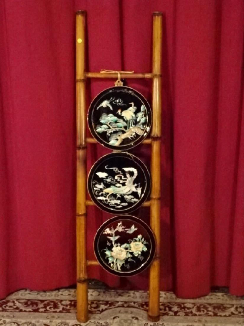 DECORATIVE CHINESE BAMBOO LADDER WITH 3 PLAQUES, VERY