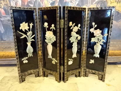 Vintage Chinese 4 Panel Table Top Folding Screen Relief Sectional Panels