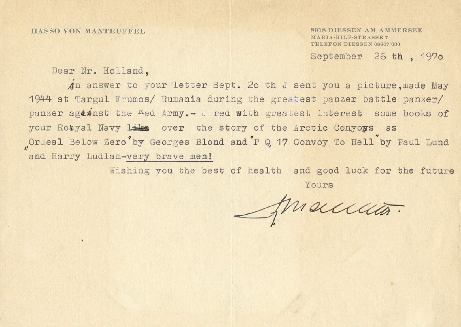 Von Manteuffel Hasso: (1897-1978) Auction