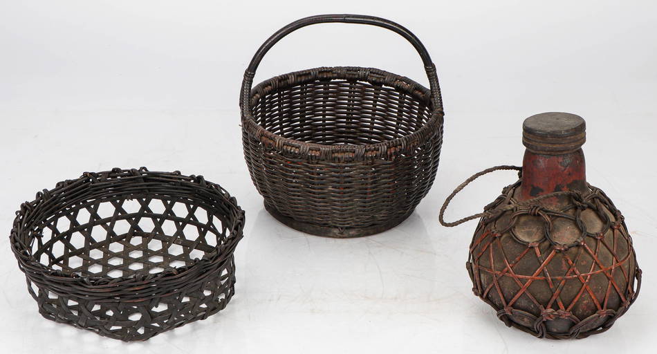 2 Baskets And A Gourd Flask With Fiber Lacing