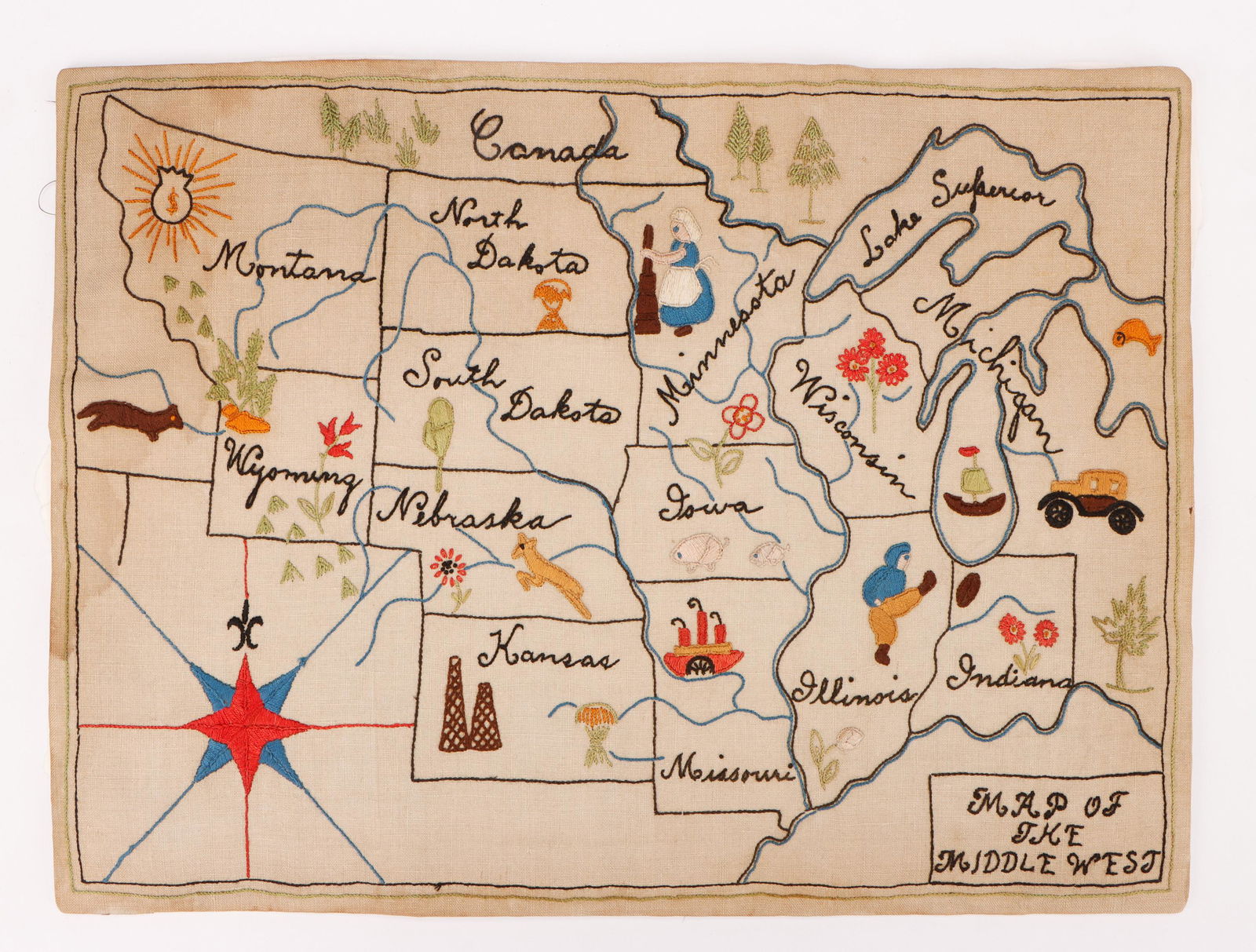 Embroidered Textile Map Of The Midwest, Early/mid 20th C.