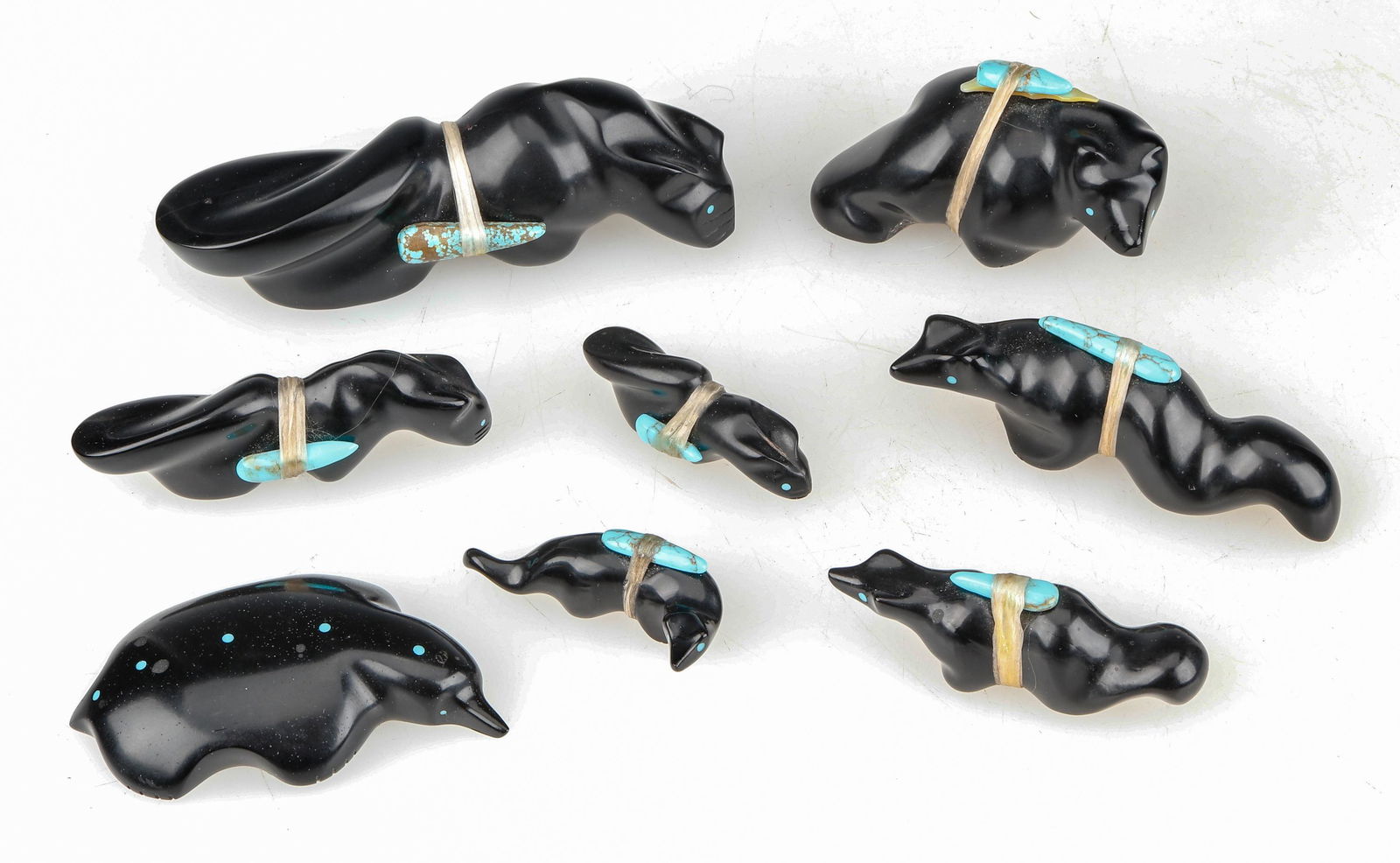 8 Zuni Carved Jet And Turquoise Animal Fetishes By Herbert Halate Auction