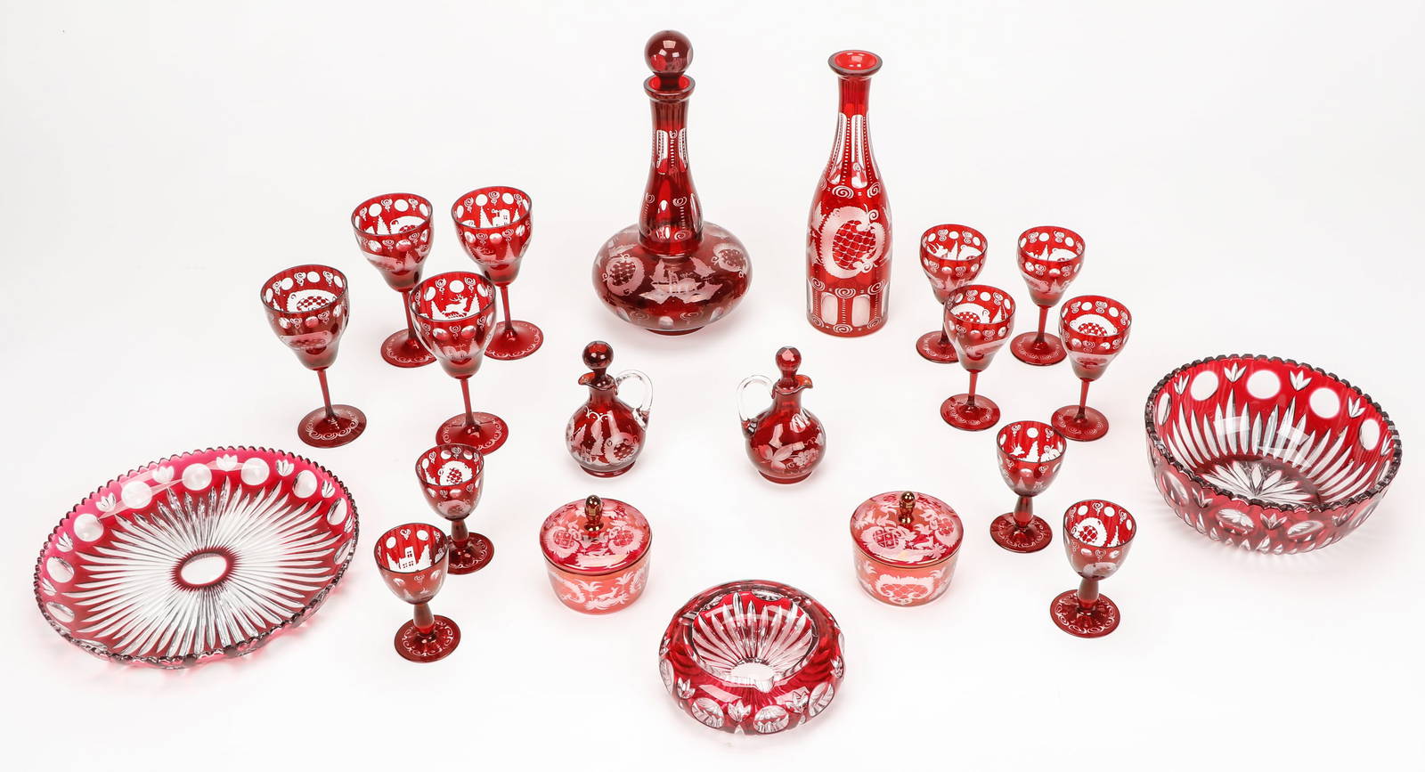 (21 Pc) Bohemian Ruby Crystal Glass Collection Auction