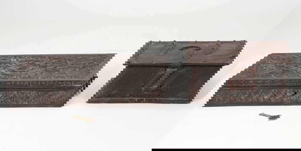 Antique Strong Box And Carved Wood Box