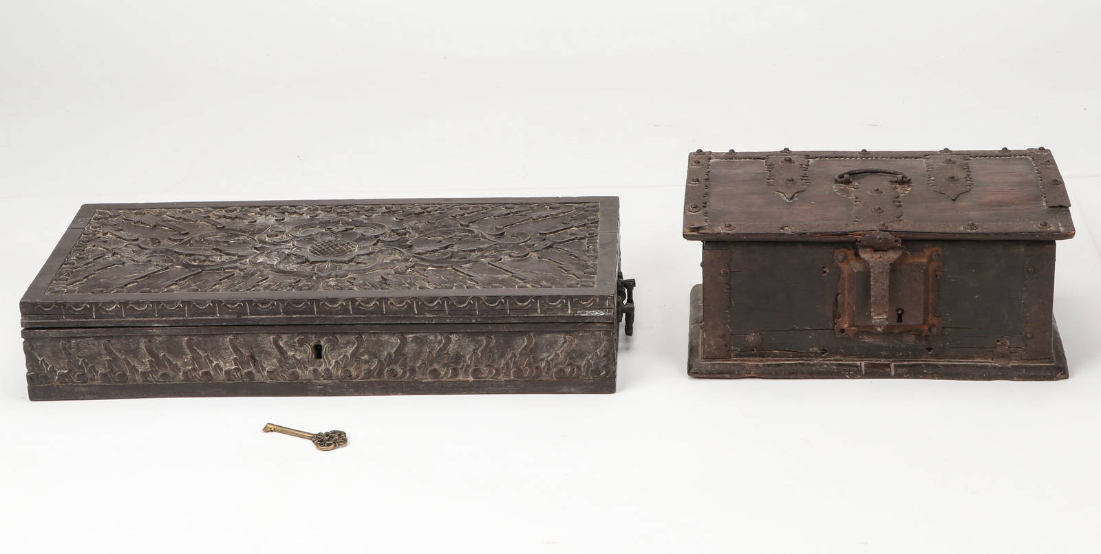 Antique Strong Box And Carved Wood Box Auction