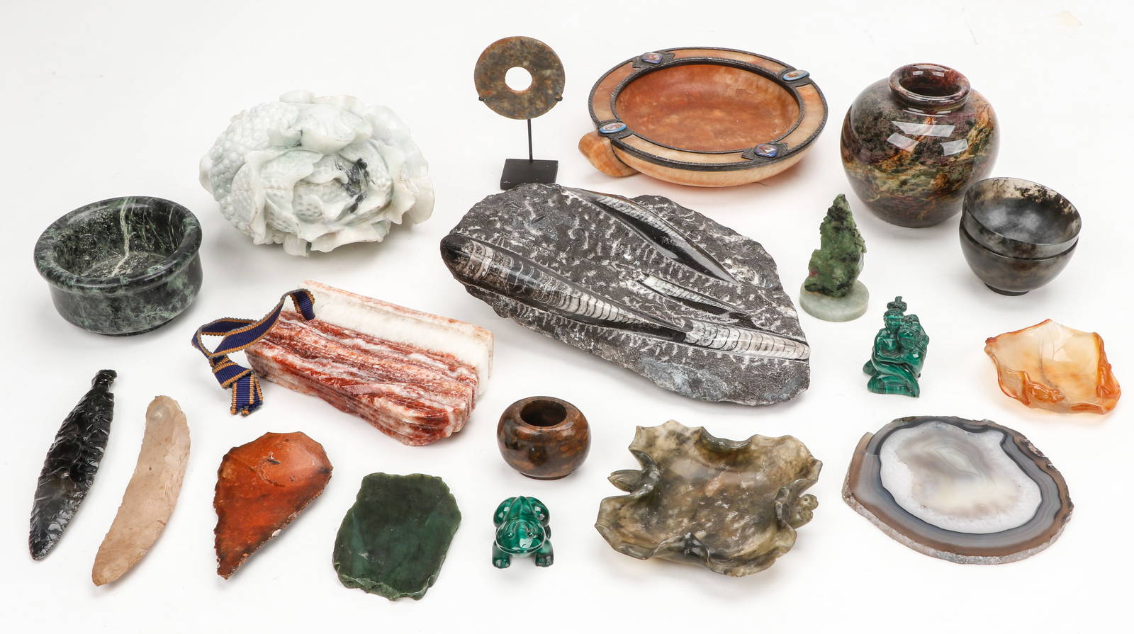 Collector's Lot Of Polished Semi-precious Stone Objects And Fossils Auction
