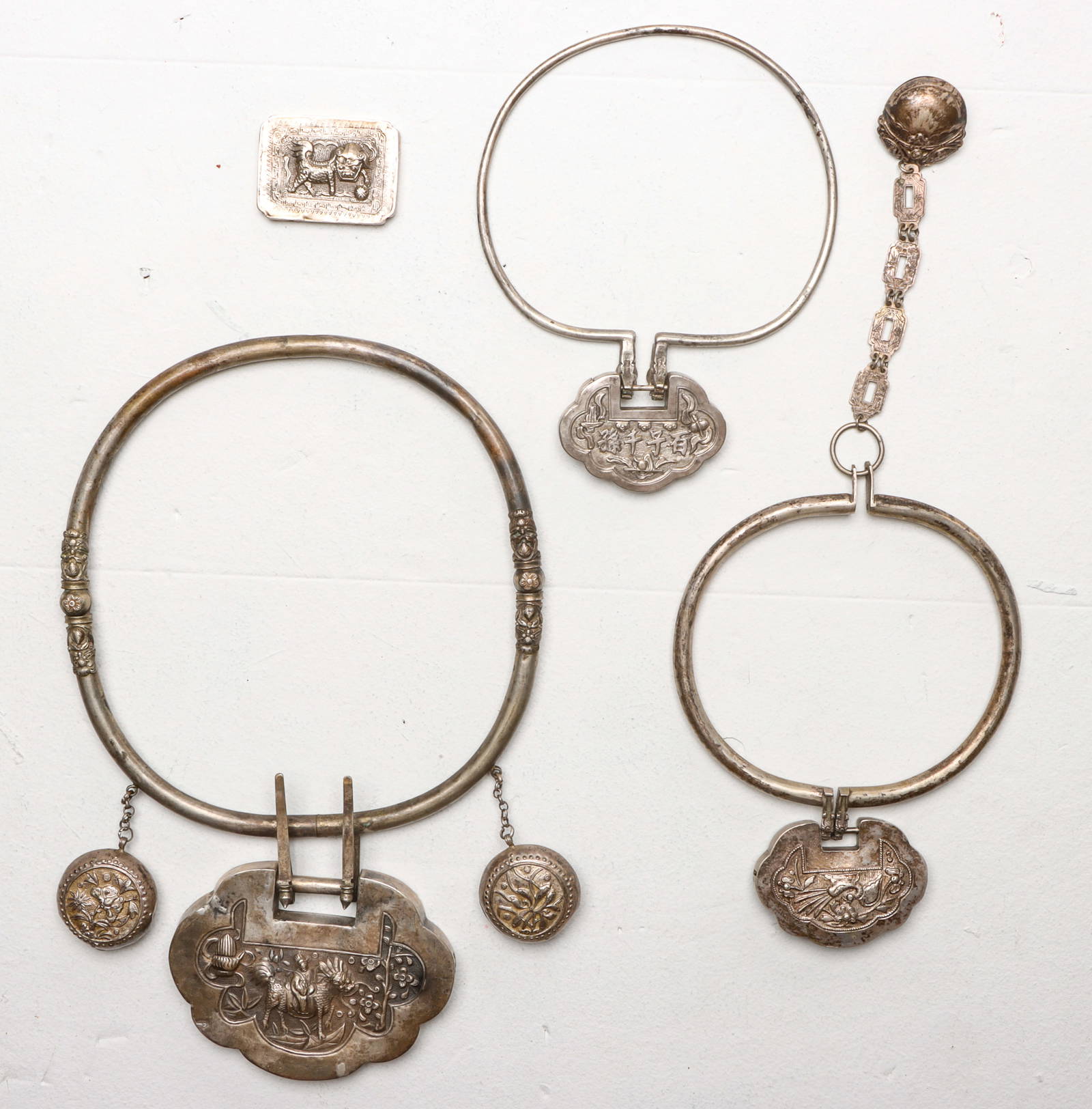 3 Antique Chinese Silver Torques With Lock Charm Pendants Auction