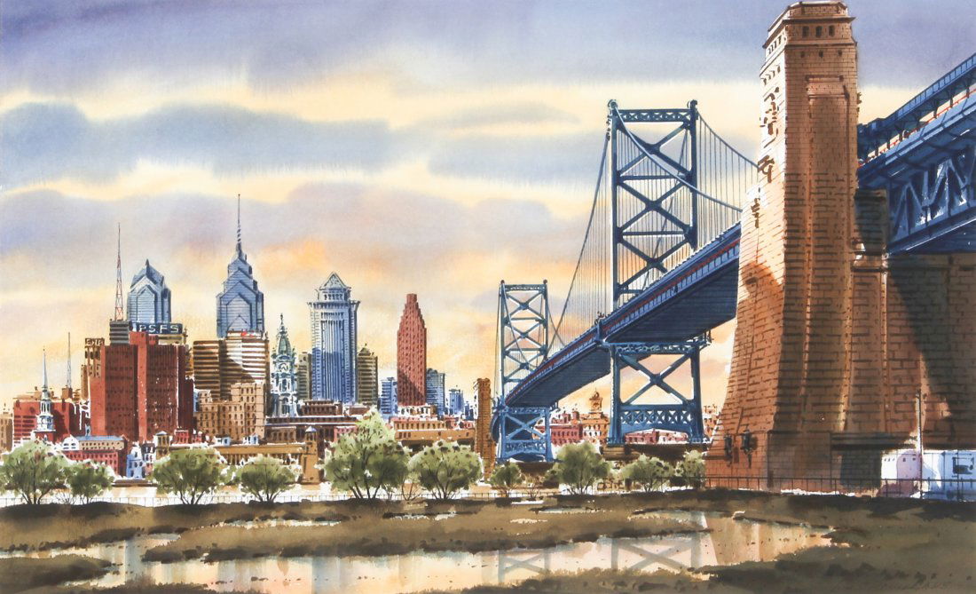 Ressler, Watercolor, Philadelphia Skyline and Bridge
