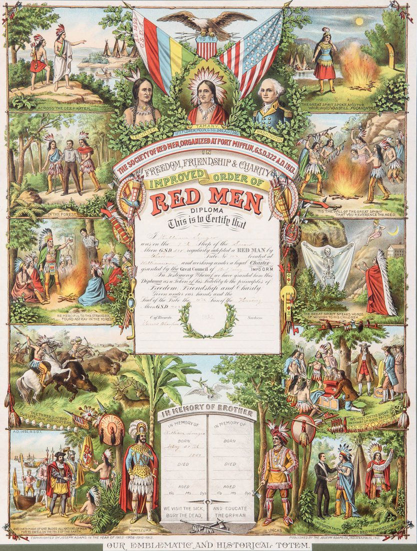 Framed Improved Order Of Red Men Totem Certificate