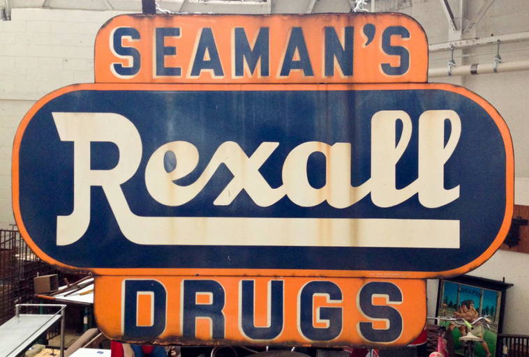 Rexall Seaman's Drug Porcelain Sign, Double Sided