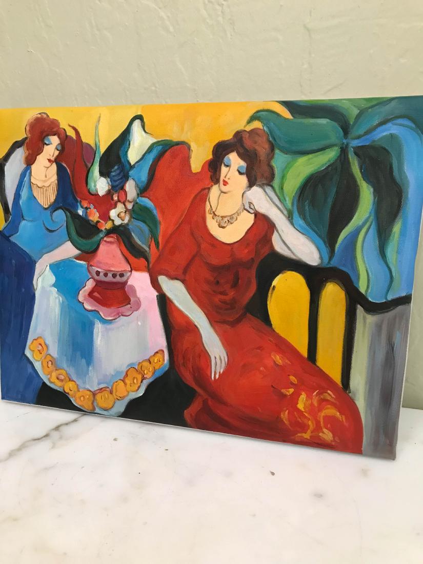 Small Oil on Canvas Painting of Women Sitting at Table