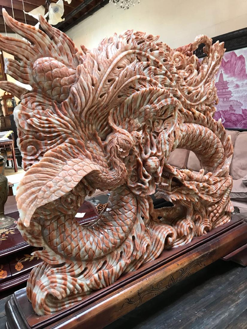 Large Carved Jade Dragon Statue on Wood Stand