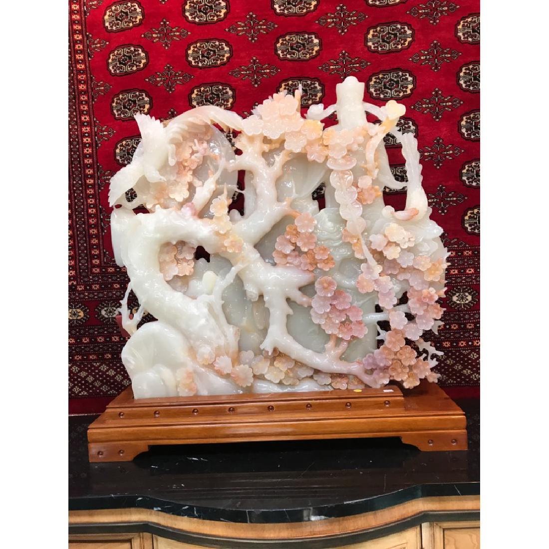 Carved Jade Statue w/ Wiseman, Coins, Birds, Flowers