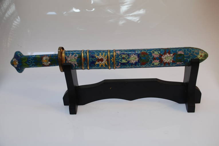 Unique Cloisonne Chinese Dagger With Stand, 18in. Long