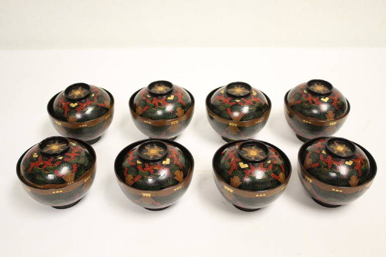 Set Of Japanese Vintage Hand Painted Lacquer Covered